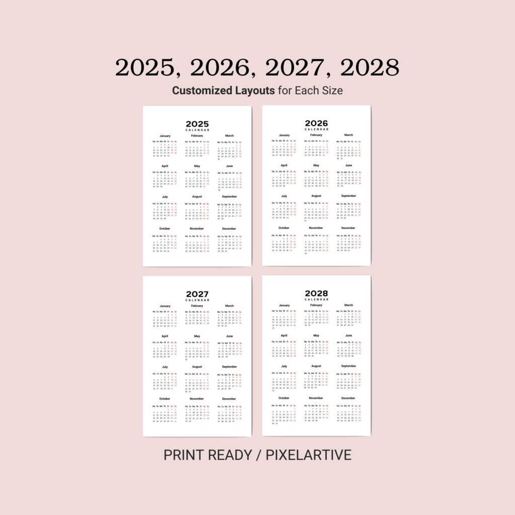 Printable 2025, 2026, 2027, 2028 Calendar, Portrait, A4, A5, Letter