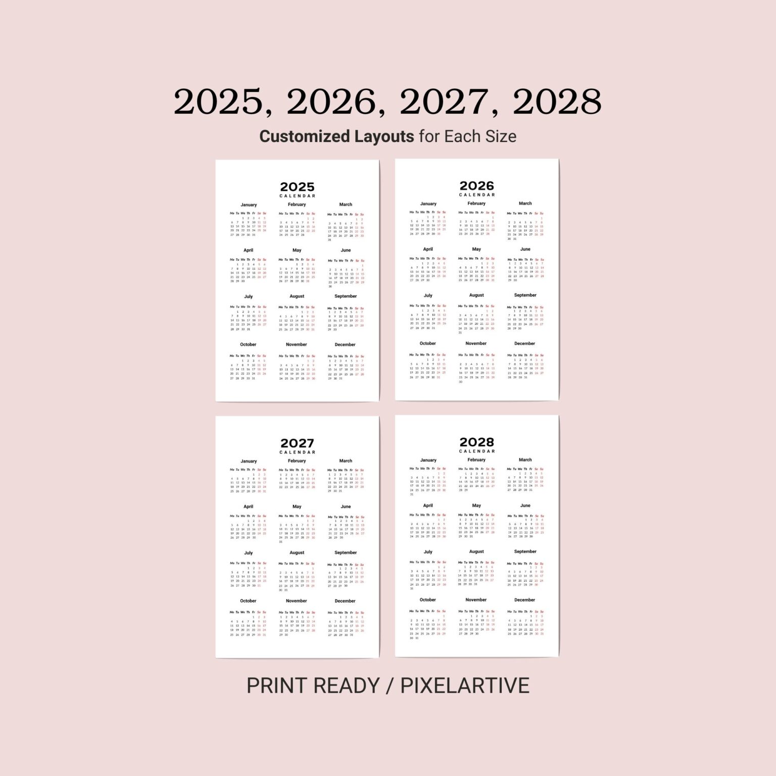 Printable 2025, 2026, 2027, 2028 Calendar, Portrait, A4, A5, Letter