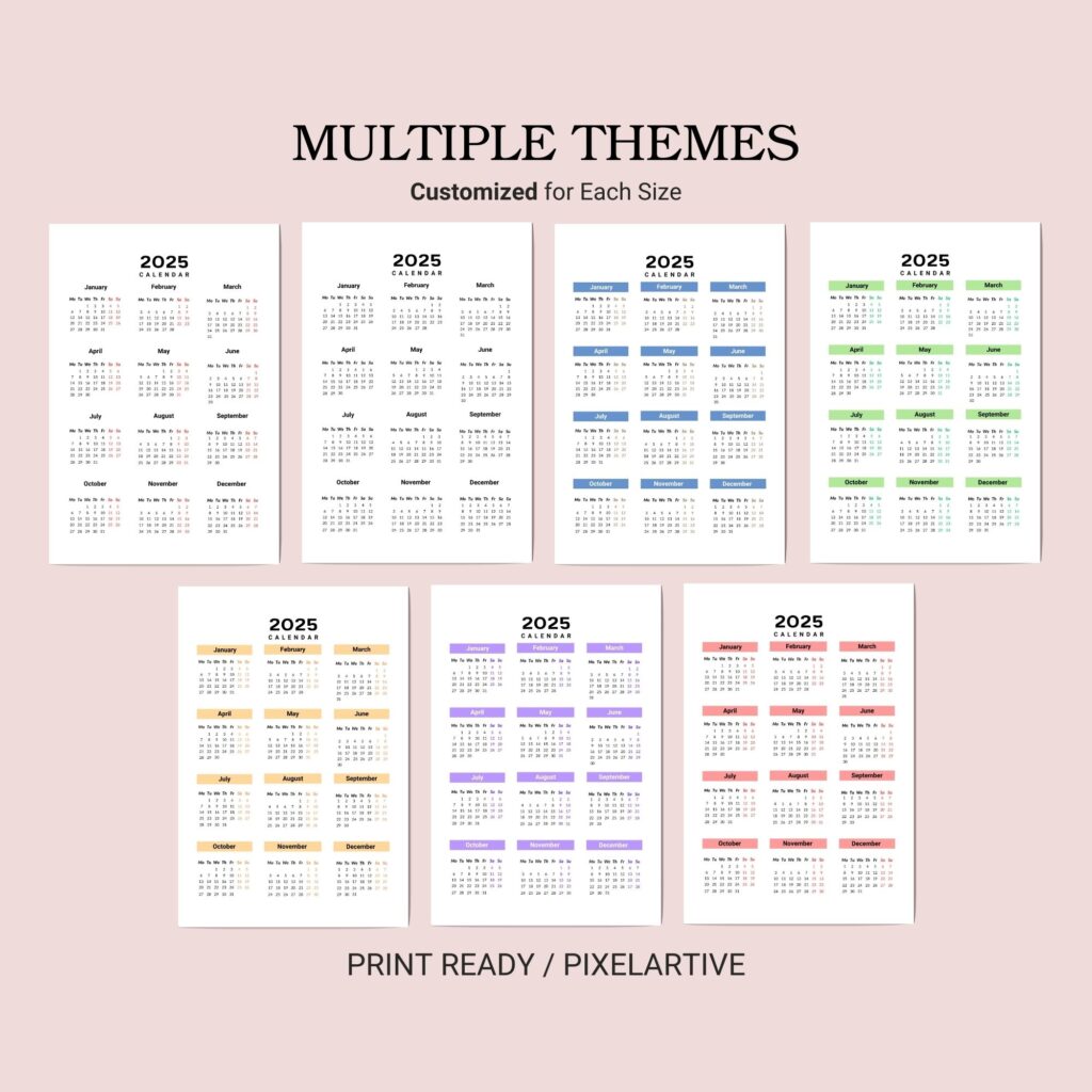 Printable 2025, 2026, 2027, 2028 Calendar, Portrait, A4, A5, Letter