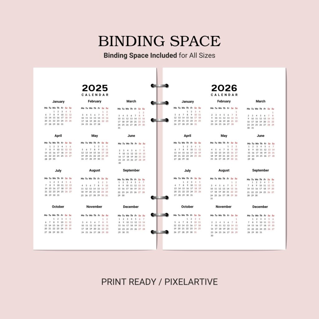 Printable 2025, 2026, 2027, 2028 Calendar, Portrait, A4, A5, Letter
