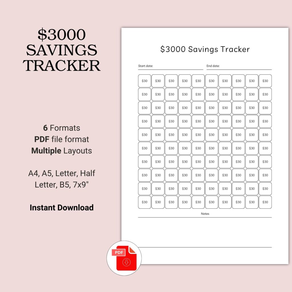 Printable $3000 Savings Tracker Template