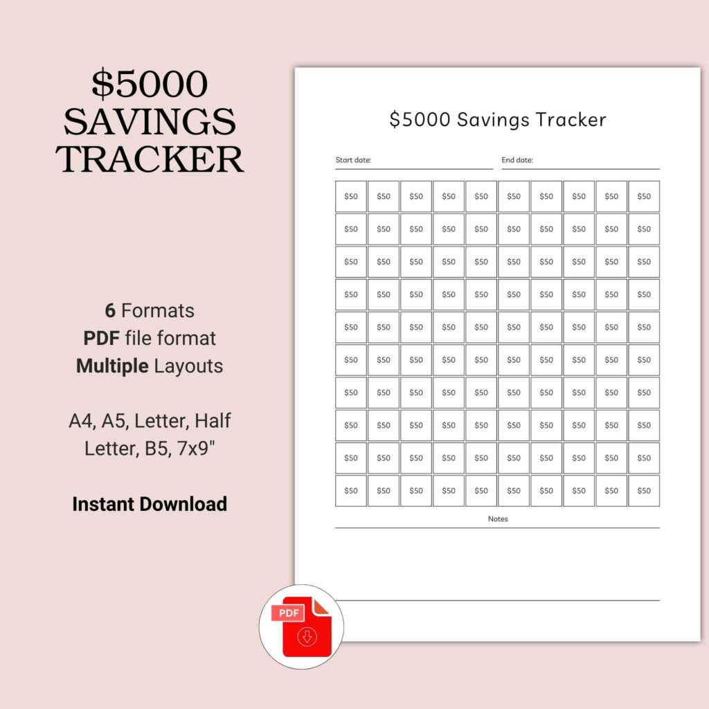 Printable $5000 Savings Tracker Template