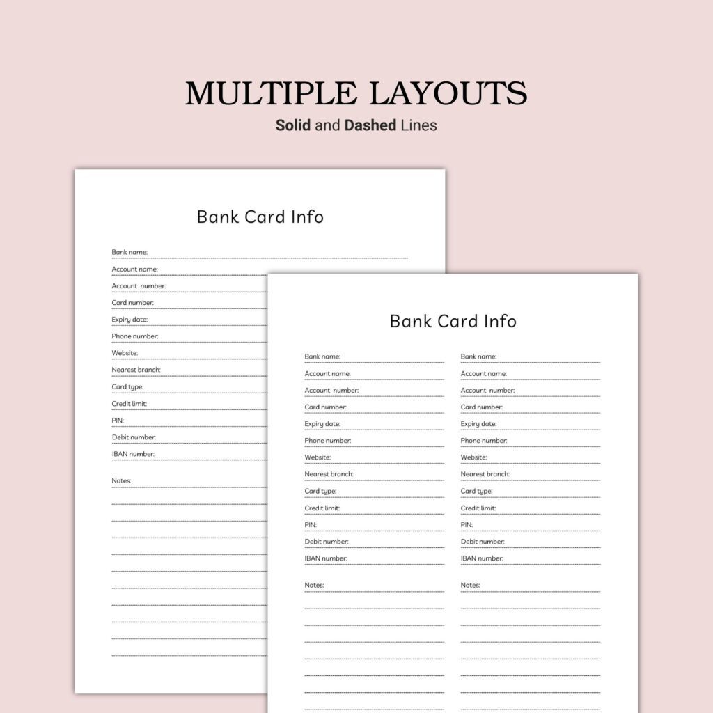 Printable Bank Card Info Template