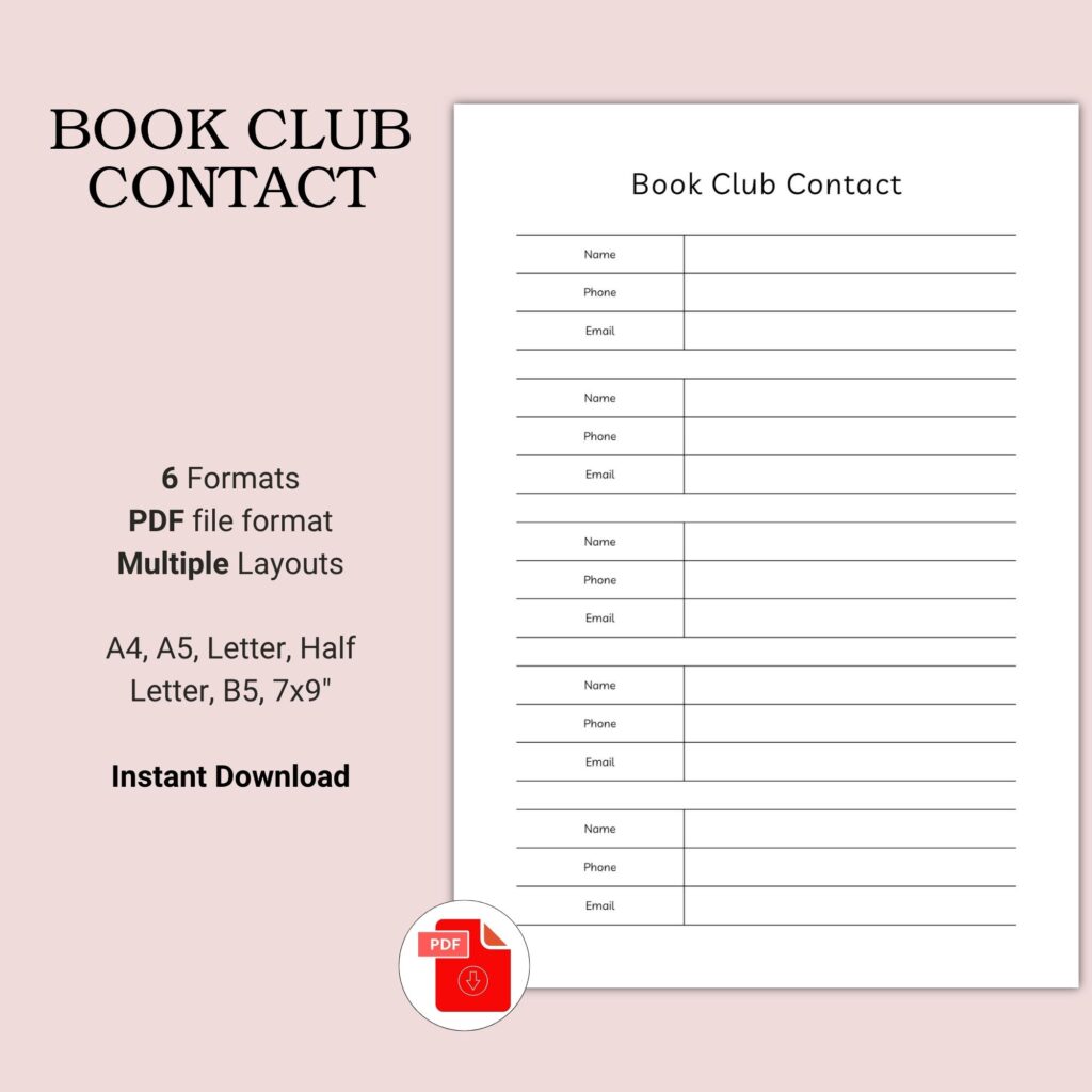 Printable Book Club Contact Template