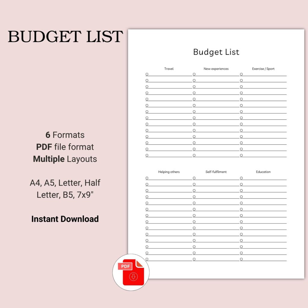Printable Budget List Template