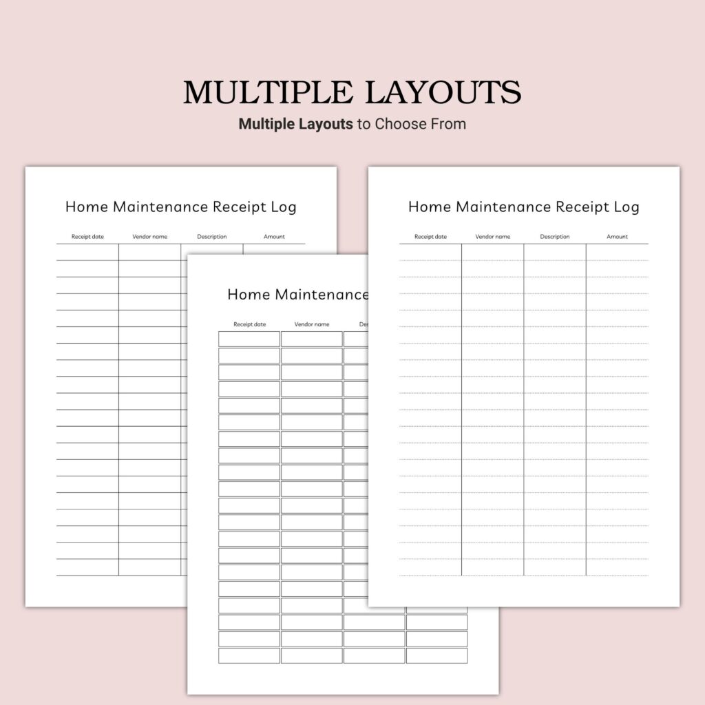 Printable Home Maintenance Receipt Log Template