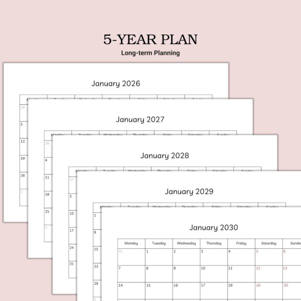 Printable Landscape Monthly Planner 2026-2030 Template