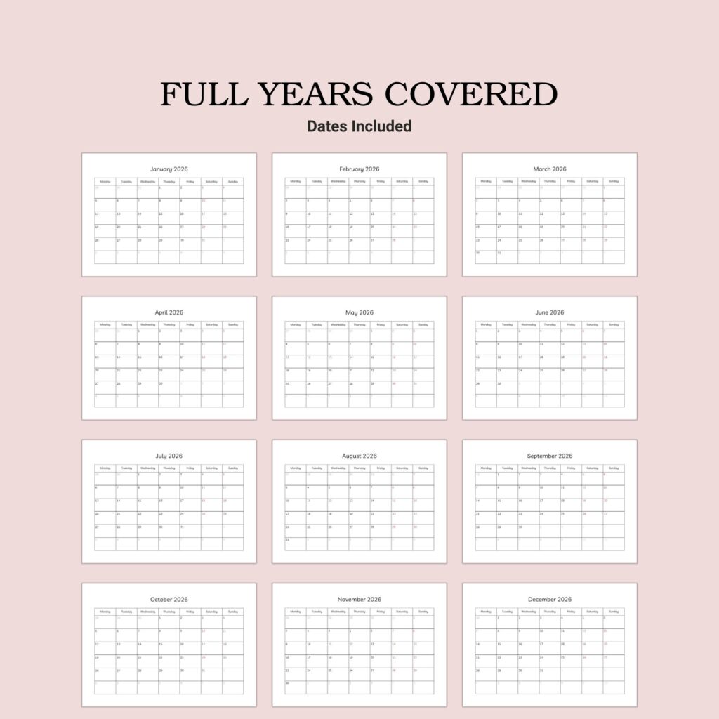 Printable Landscape Monthly Planner 2026-2030 Template
