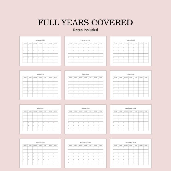 Printable Landscape Monthly Planner 2026-2030 Template