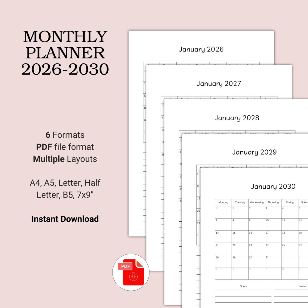 Printable Monthly Planner, 2026-2030, Template
