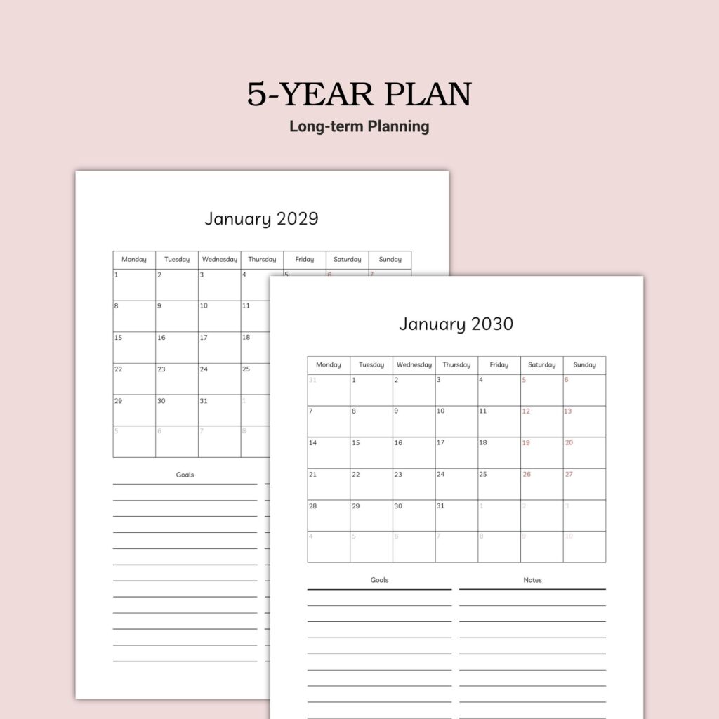 Printable Monthly Planner, 2026-2030, Template