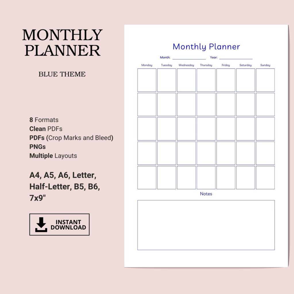 Printable Monthly Planner Template, Blue